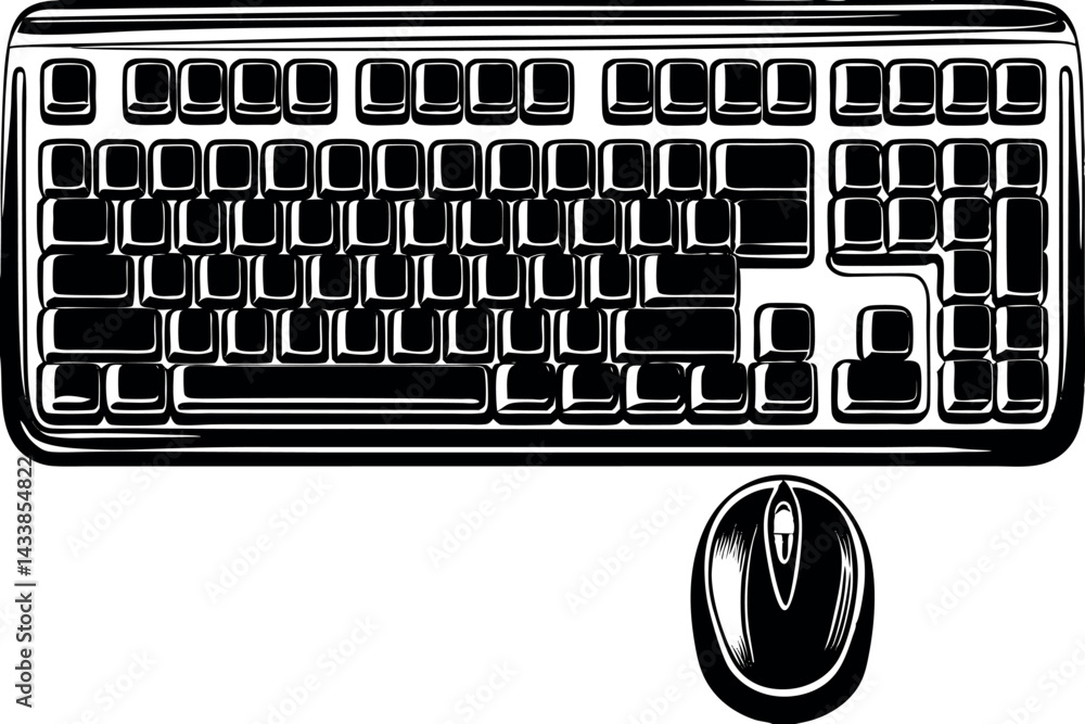 Computer keyboard and mouse set positioned on a clean workspace with a ...