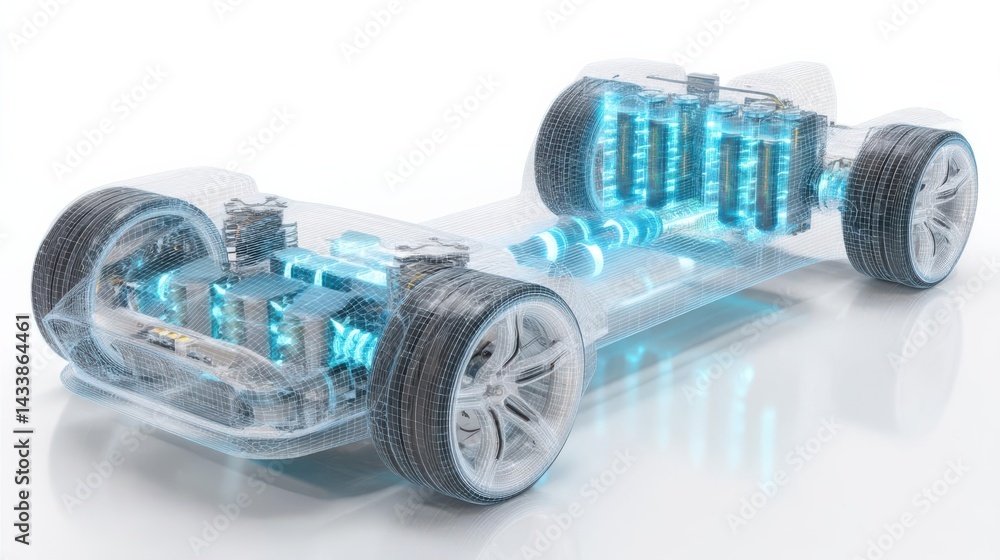 Transparent electric vehicle chassis showcasing advanced battery ...