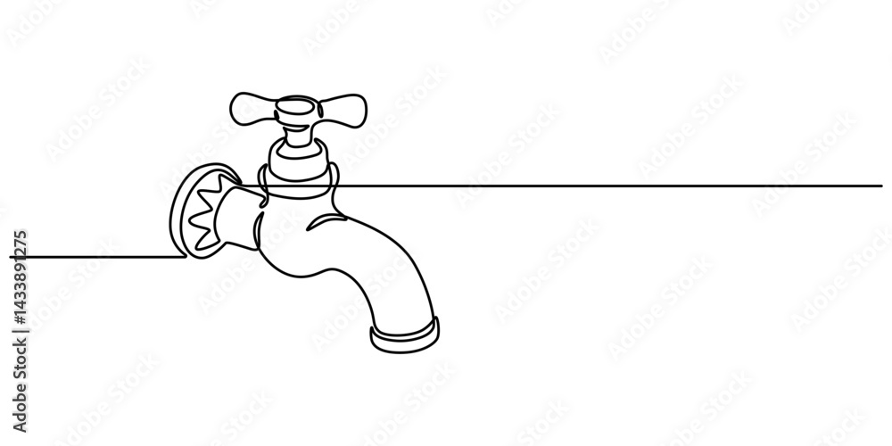 Water tap with flowing water in one line art style. Minimalist ...