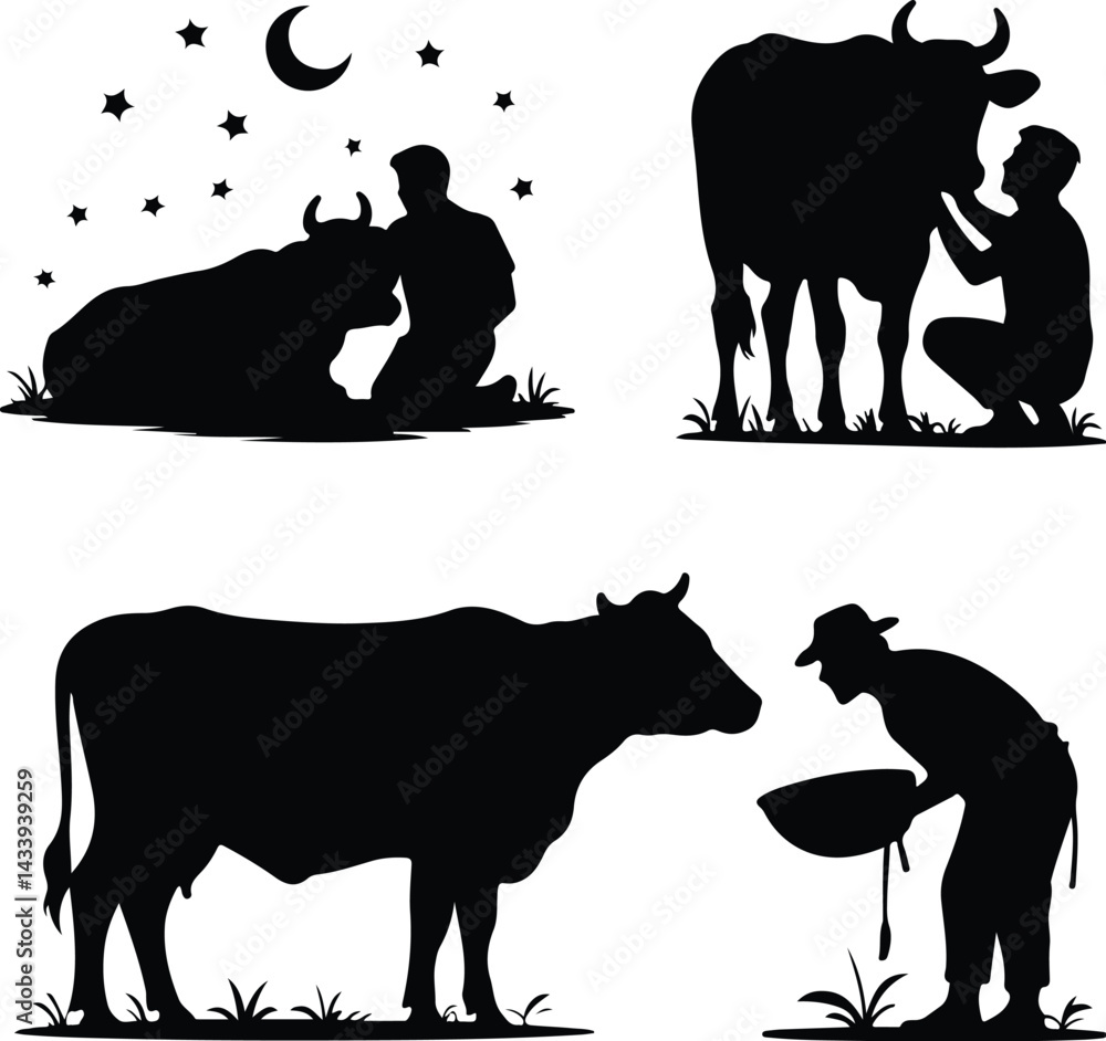 Cow with Man Silhouette Set | Village Life Vector Collection Farmer ...