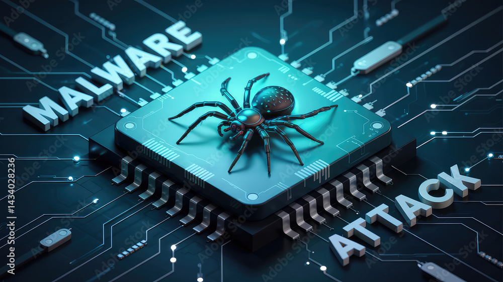 Digital Threat: A close-up of a computer chip with a spider ...