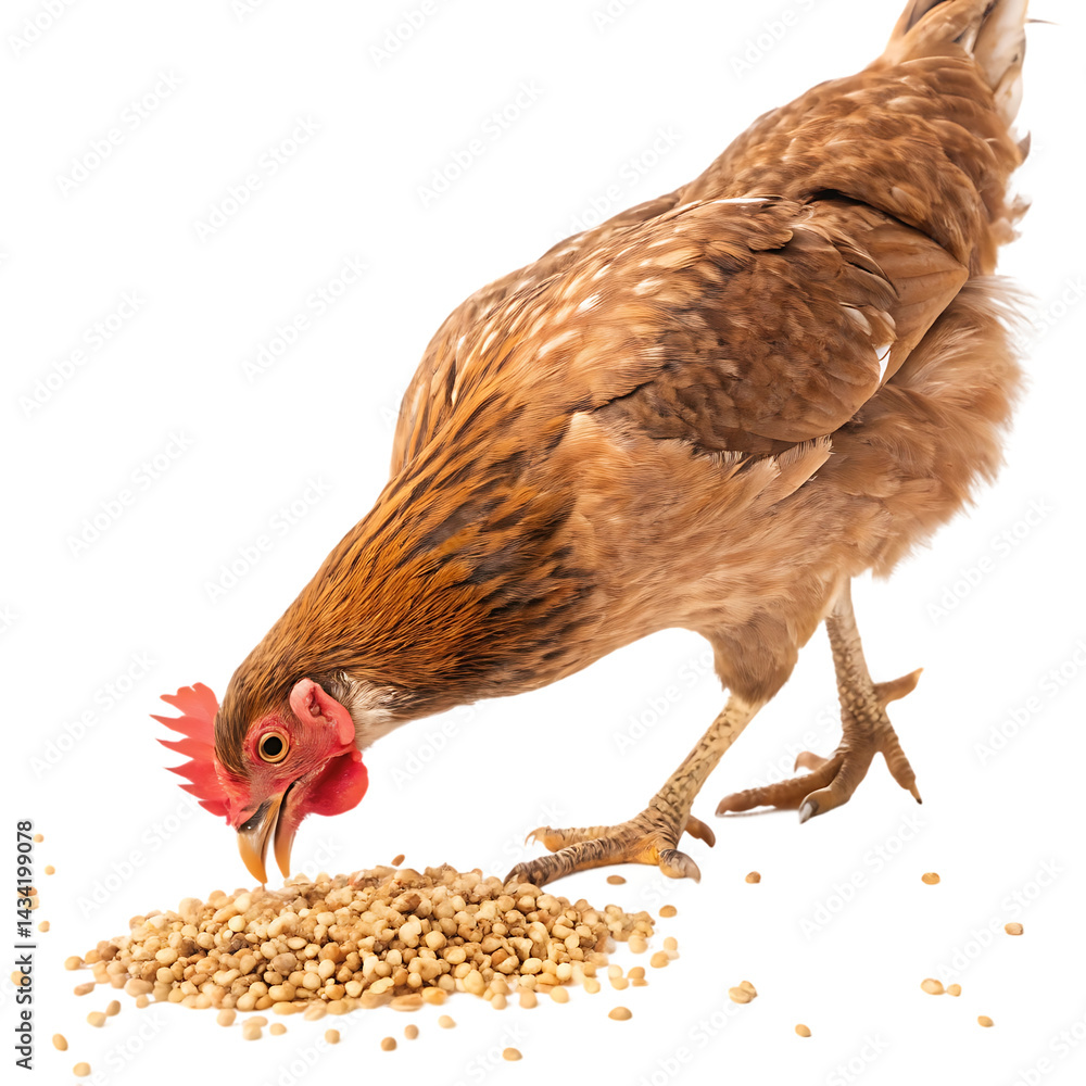 Isolated image of a hen pecking grain, full body shot, clean white ...