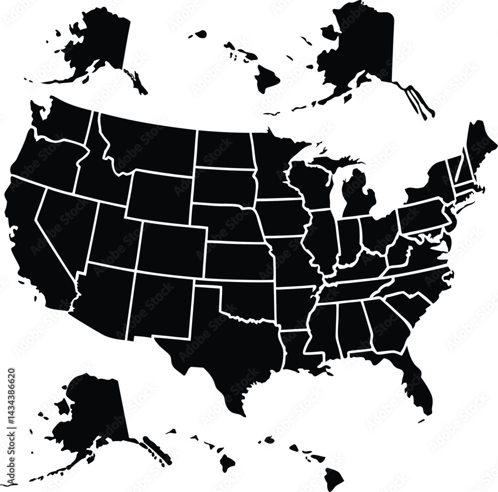 USA Map. Poster map of United States of America. Black and white print ...