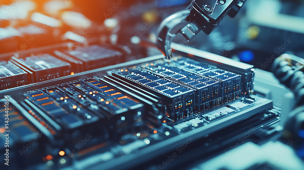 Mechanical arm assembling high performance batteries in an electric ...