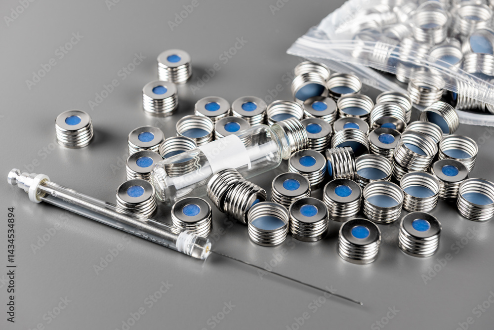 HPLC, gas chromatography measuring, vials and syringe for autosampler ...