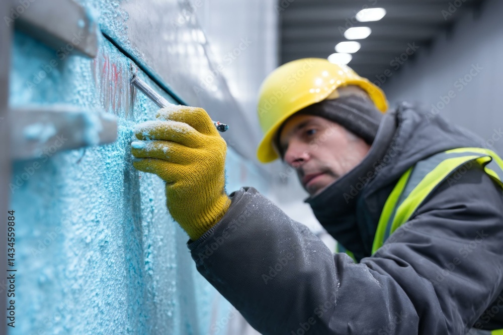 Worker in hard hat using tool to examine painted concrete surface ...