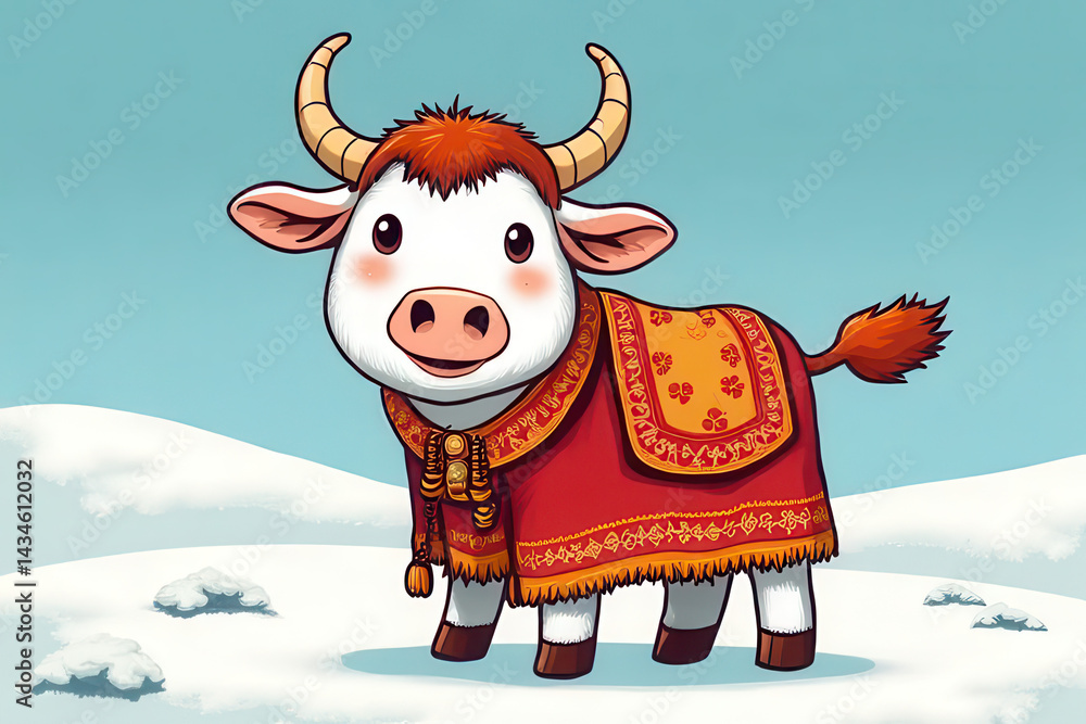 Cheerful Kawaii Yak Cartoon in Traditional Mongolian Deel Strumming ...