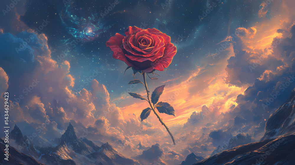 Gravity-defying crimson rose suspended between space and time rifts ...