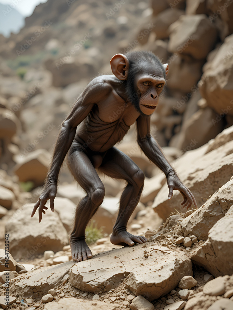 Australopithecus afarensis exploring rocky terrain, displaying its ...
