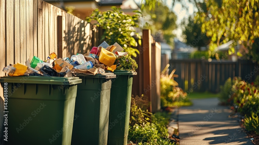 Overflowing trash bins line a pathway surrounded by greenery ...