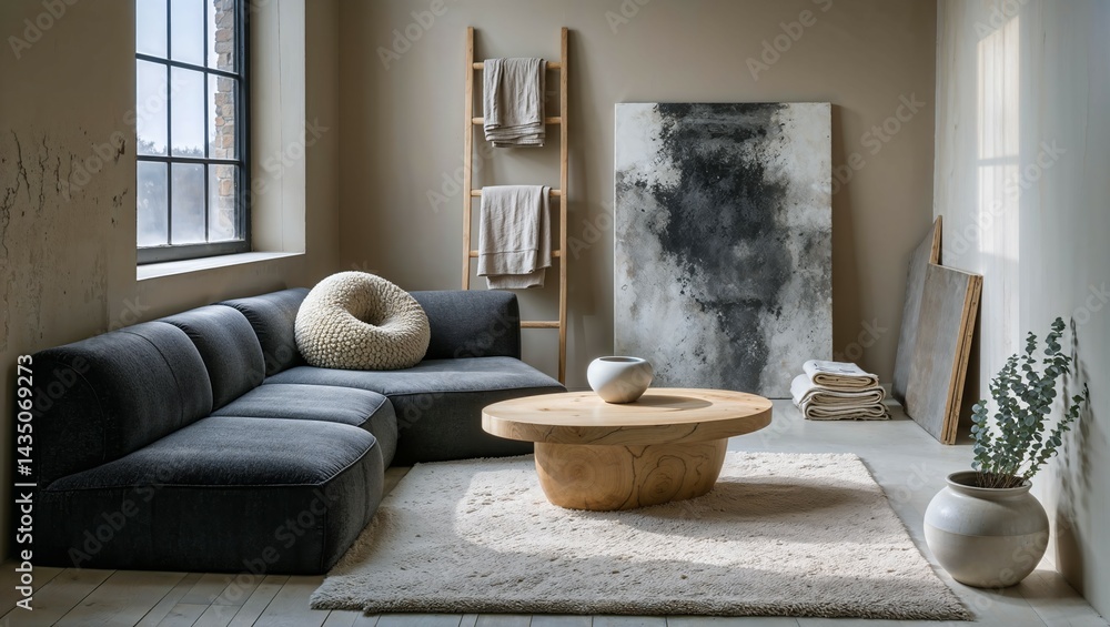 Generative AI, Brutalist-inspired city loft with layered soft textures ...