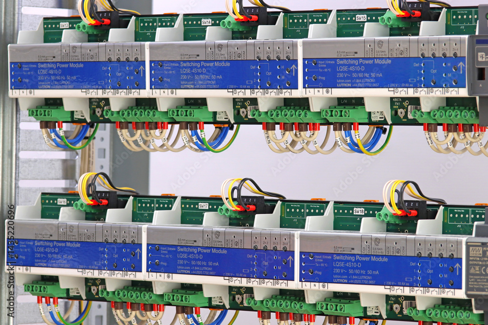 4-channel relay modules from Lutron for managing loads via the QS data bus. Installed in ABB ...