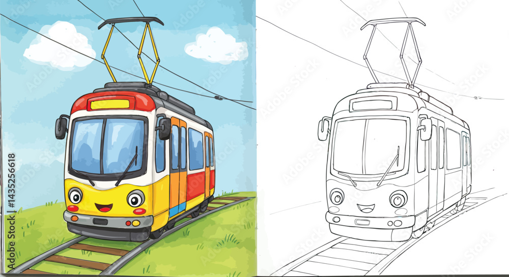 Smiling Tram Duo: A charming tram illustration smiles with inviting ...