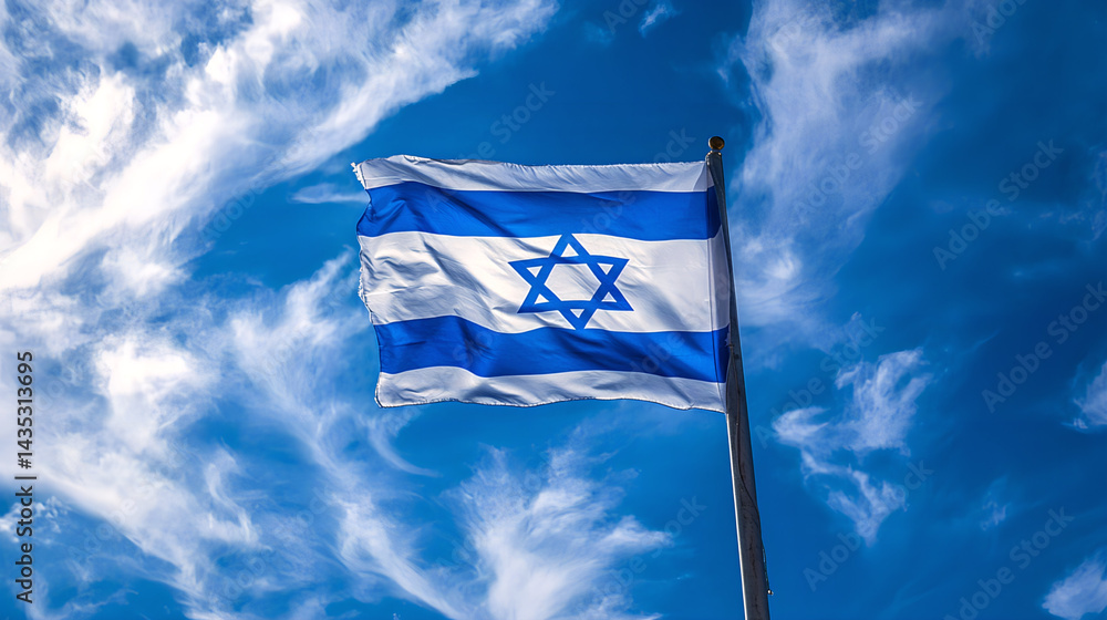 Israel Flag, blue sky and beautiful cloud background with copy space ...