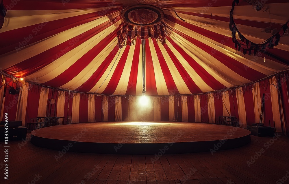 Classic carnival arena with center stage illuminated by spotlights ...
