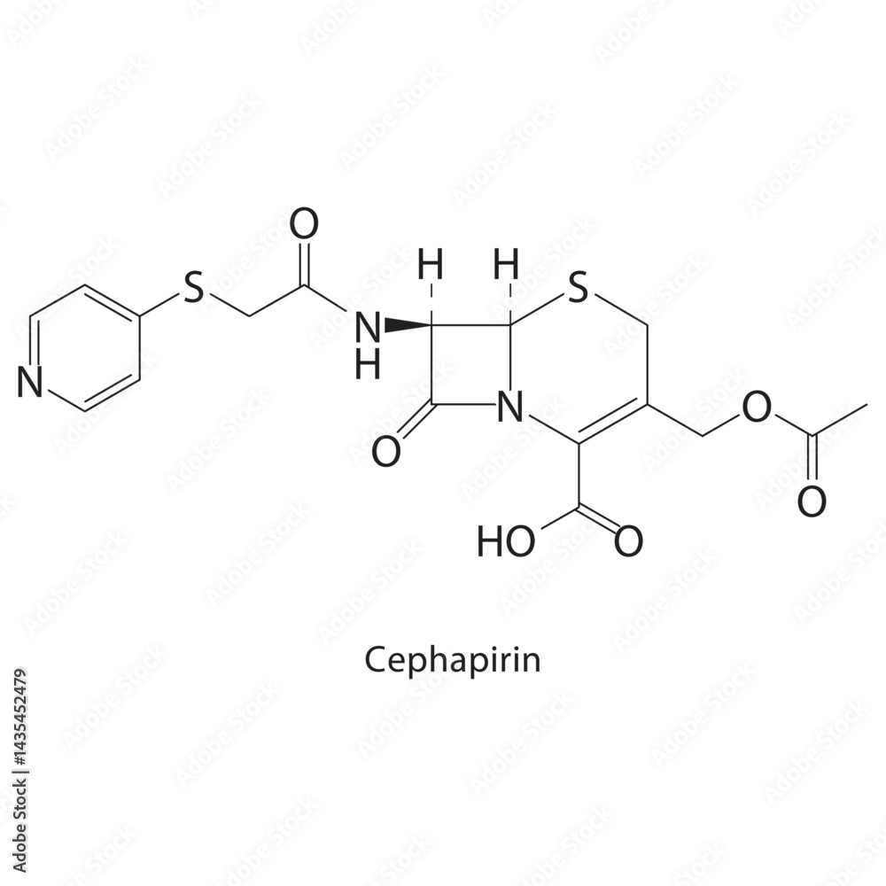 Cephapirin skeletal structure. Cephalosporin antibiotic compound ...
