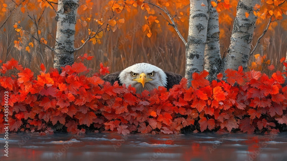 Bald eagle hides in autumn foliage beside the water intense eyes ...