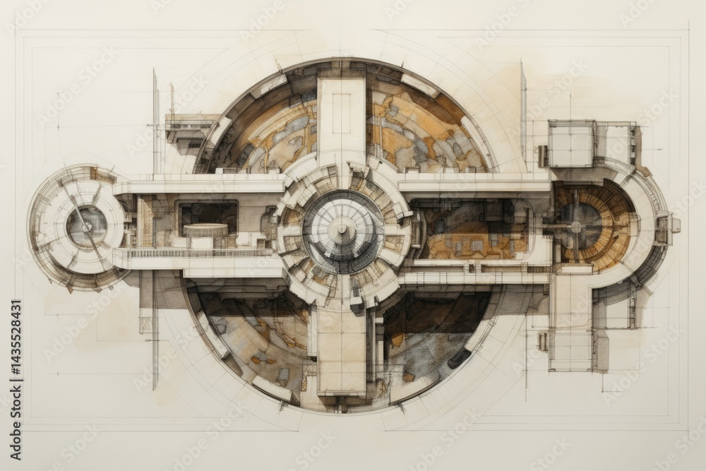 Architectural plan showcasing a circular building's complex interior ...