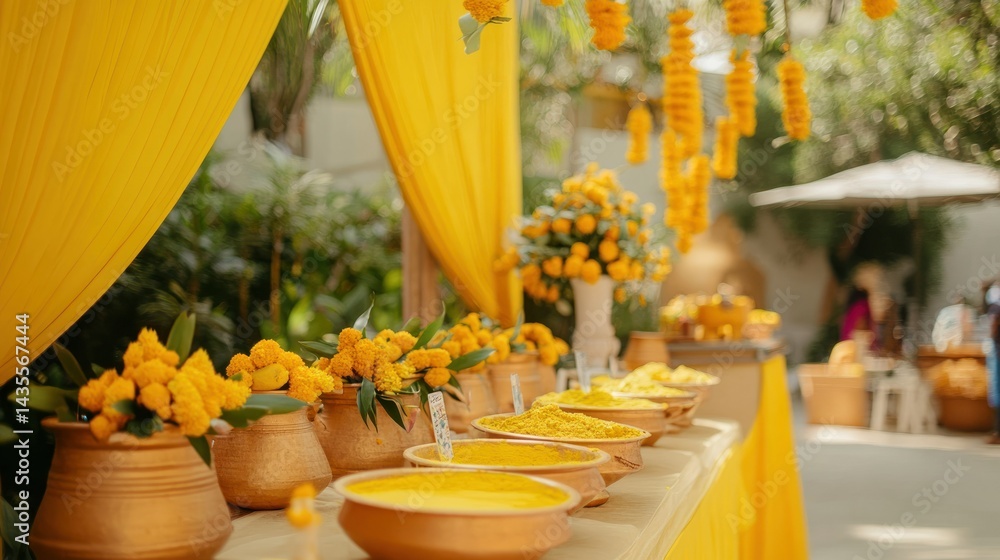Indian wedding haldi setup with turmeric bowls, mango leaves, and ...