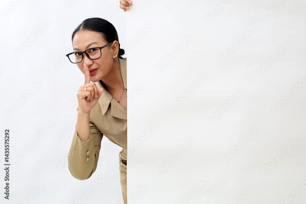 Close up photo of strict asian civil servant woman hide big billboard ...