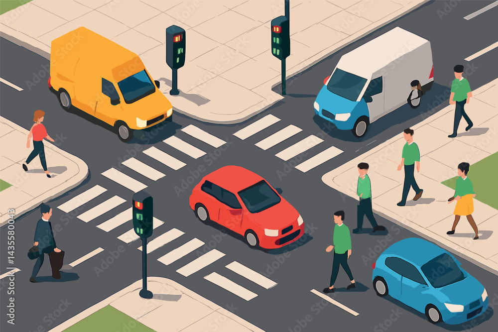 Isometric vector illustration of an urban street scene with pedestrian ...