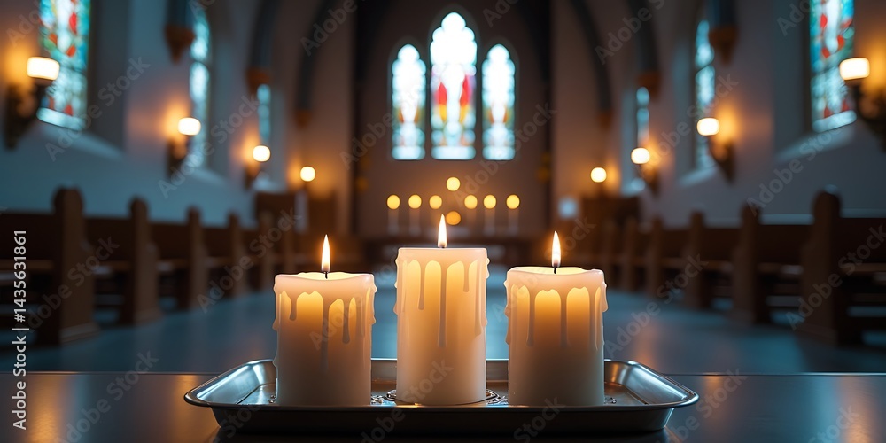 Trio of burning candles placed in a historic church interior with ...