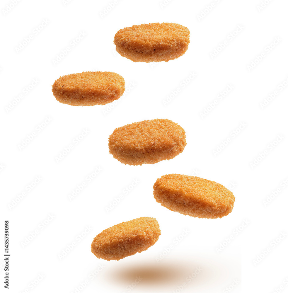 Flying chicken nuggets isolated on white background. Crispy golden ...