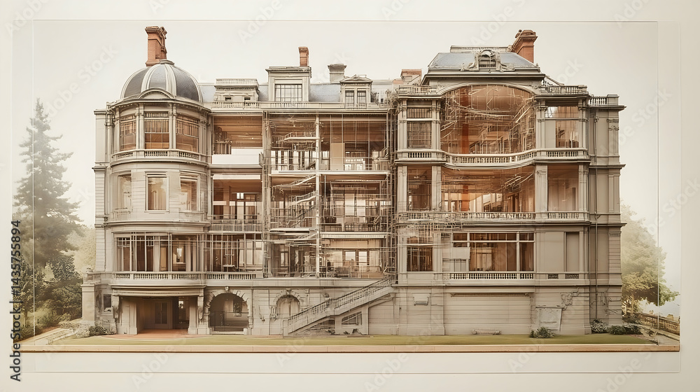 Architectural rendering of a large multi-story house seemingly ...