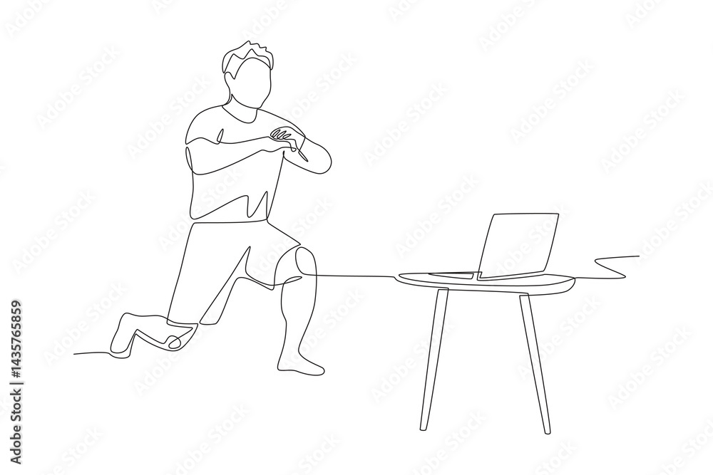 Man watching correct squat movements from online class on laptop ...