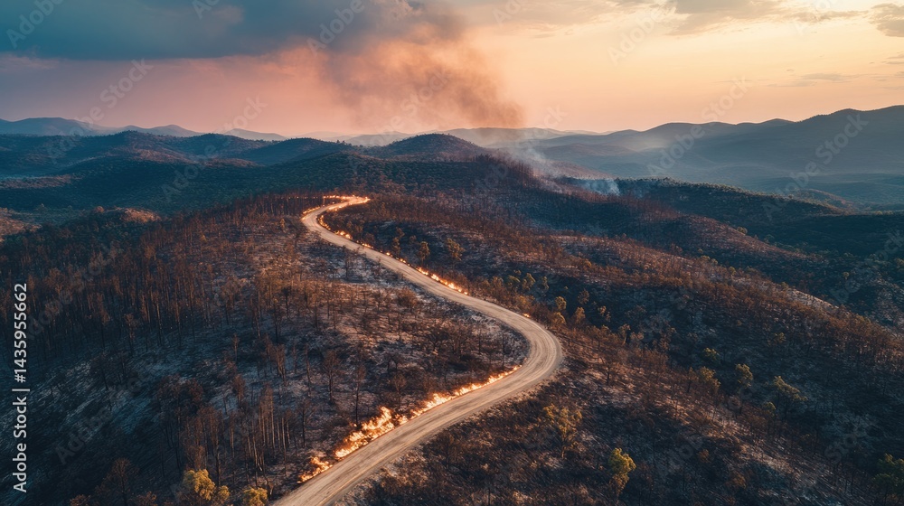 Wildfire burn scar visible from above, showing scorched land where ...