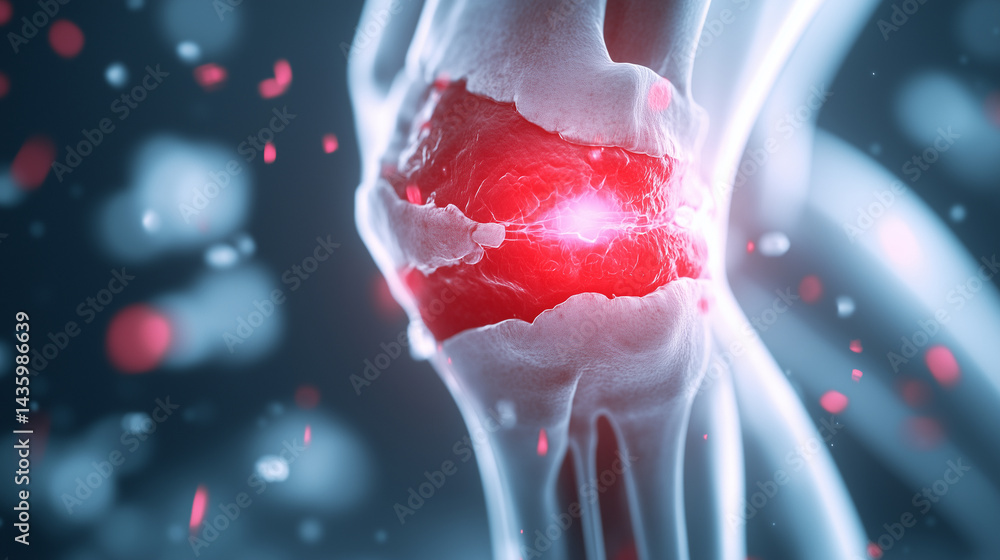 Cross-section of knee joint showing damaged cartilage, inflamed ...