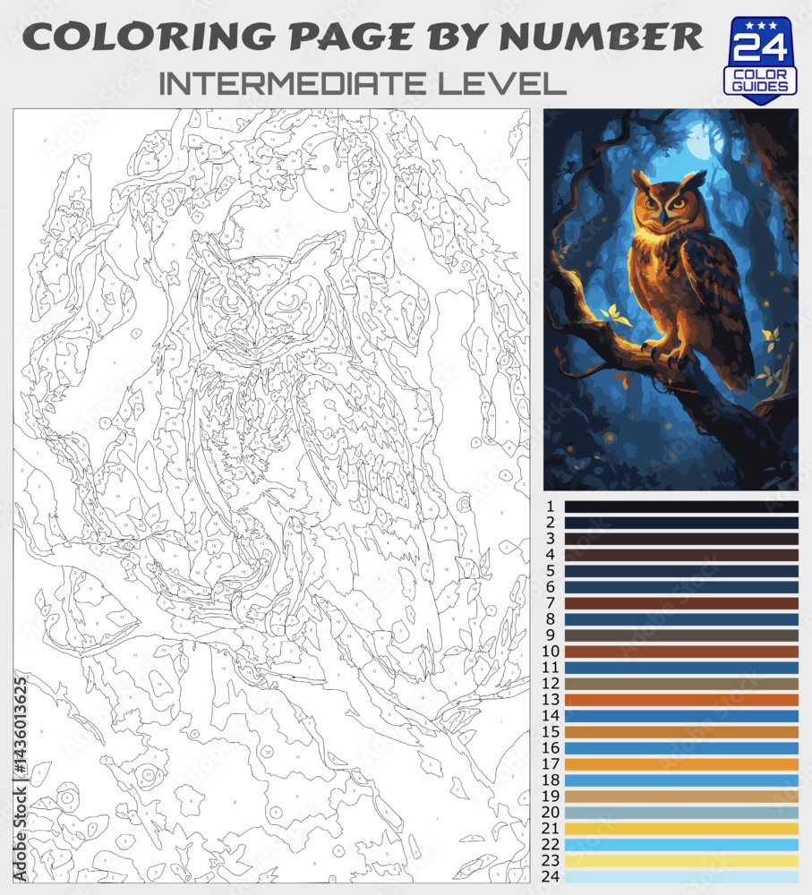 Majestic Owl on Tree at Night Coloring Page by Number | Printable ...