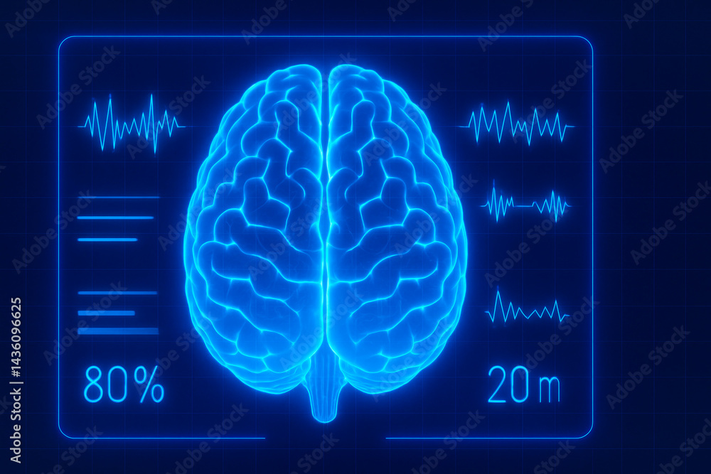 holographic brain scan with animated pulse lines shows activity levels ...