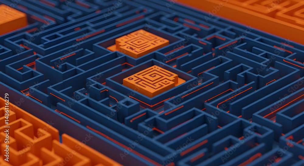 Complex Maze Concept In Blue And Orange Color Palette With Hidden ...