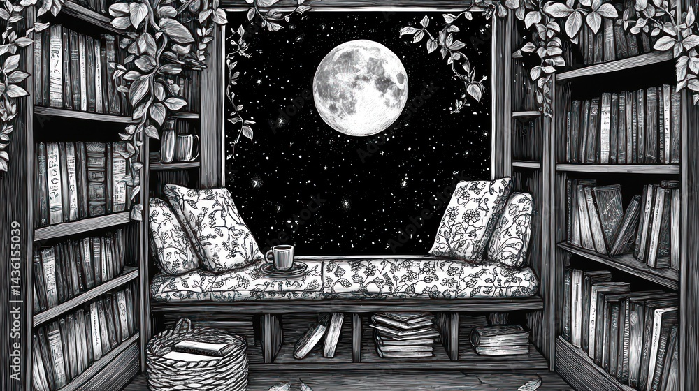 Moonlit library window seat, cozy reading nook, nighttime serenity ...