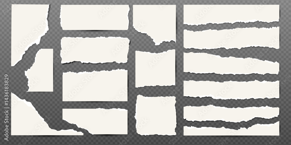 เวกเตอร์ Stock Set of white torn notebook paper pieces. Ripped paper ...
