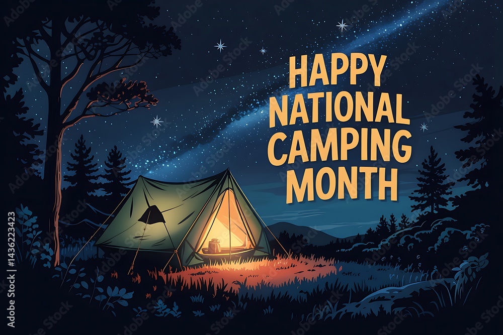 Celebrate National Camping Month A cozy campsite under a starry night ...