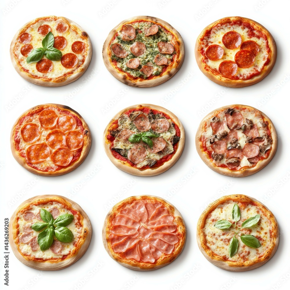 High-resolution studio photograph featuring a 3x3 grid of nine savory ...