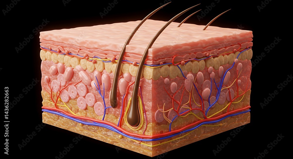 Human skin anatomy detailed cross section with hair follicles and blood ...