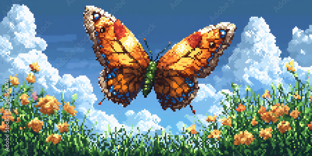 pixel art of a cute 8-bit butterfly flying, simple and colorful ...