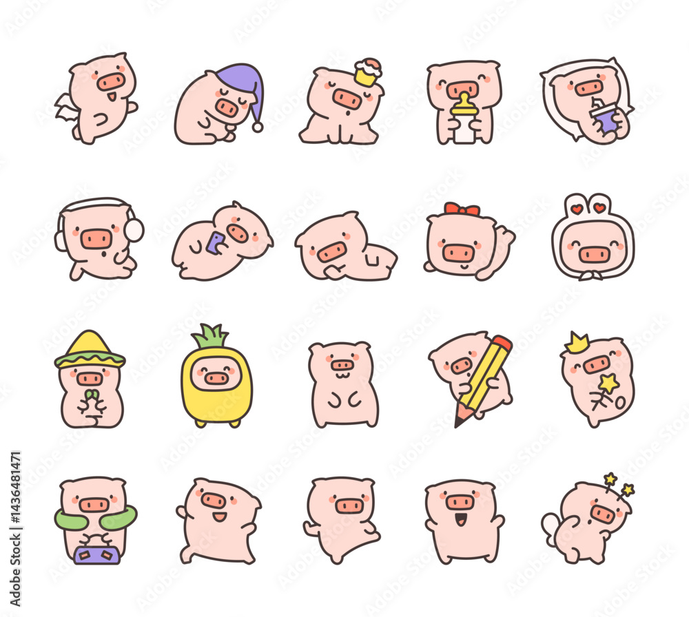 Little pig character set enjoying various activities and charming ...