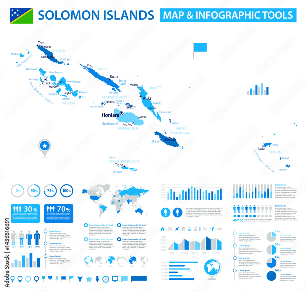 Solomon Islands Infographic Map with Data Visualization Elements - Vector Map of Solomon Islands ...