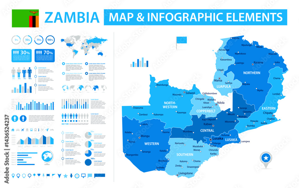 Zambia Infographic Map with Data Visualization Elements - Vector Map of ...