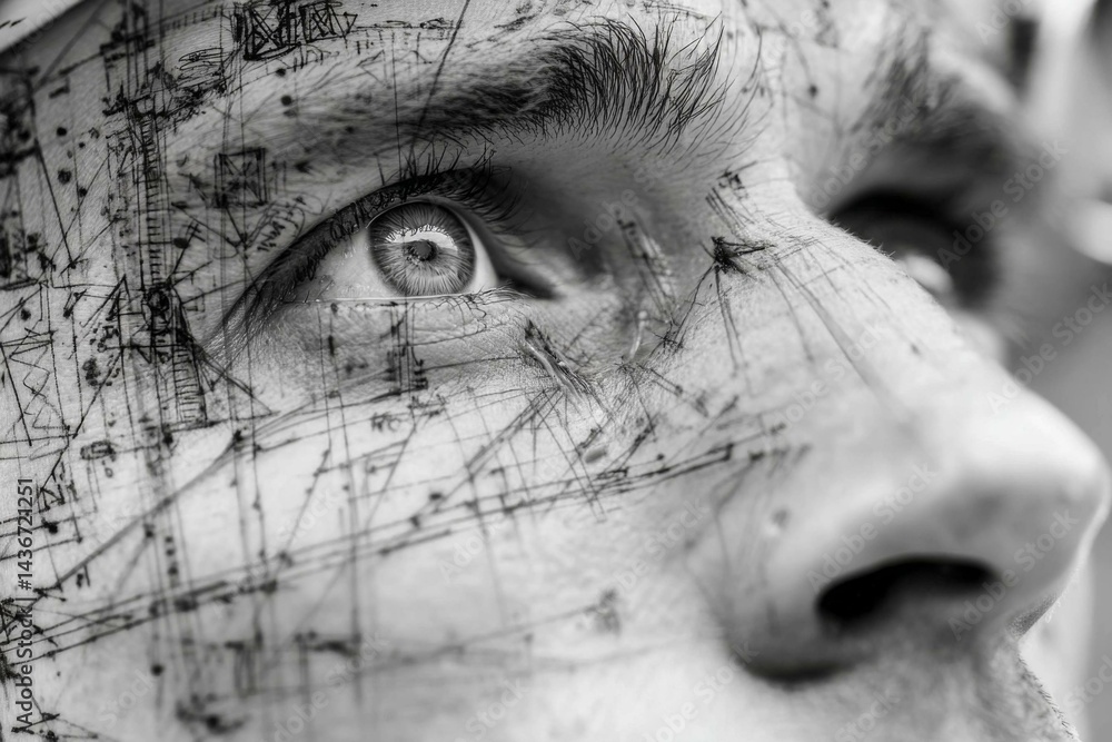 Extreme Close-up of a Person's Face with Blueprint Overlays Depicting ...