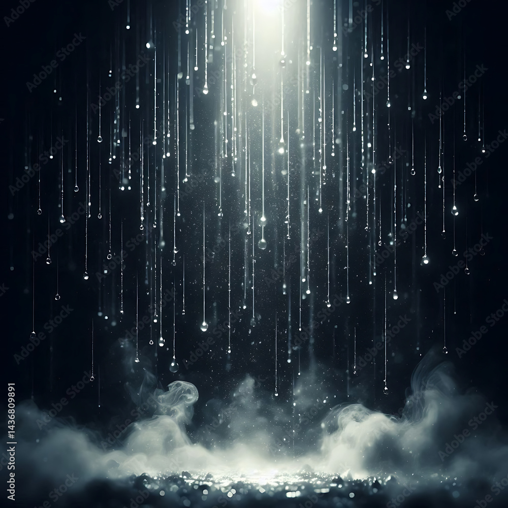 Falling raindrops footage animation in slow motion on dark black ...