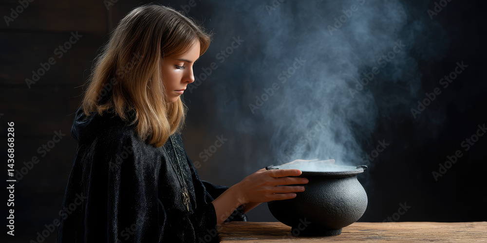 Young woman with long hair in dark cloak sitting at wooden table ...