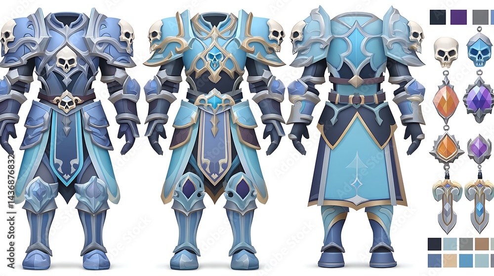 Stylized 3D Model of Ice Blue Fantasy Knight Armor Set Front Back Side ...