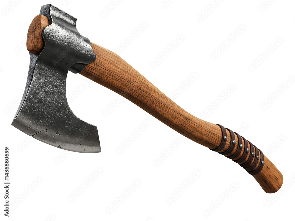 Studio image of a medieval battle axe with broad iron head and wooden ...