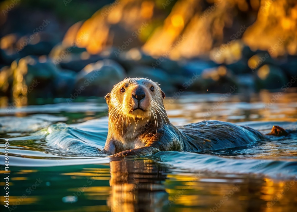 Long Exposure Sea Otter Swimming Amidst Coastal Rocks and Ocean Waves ...