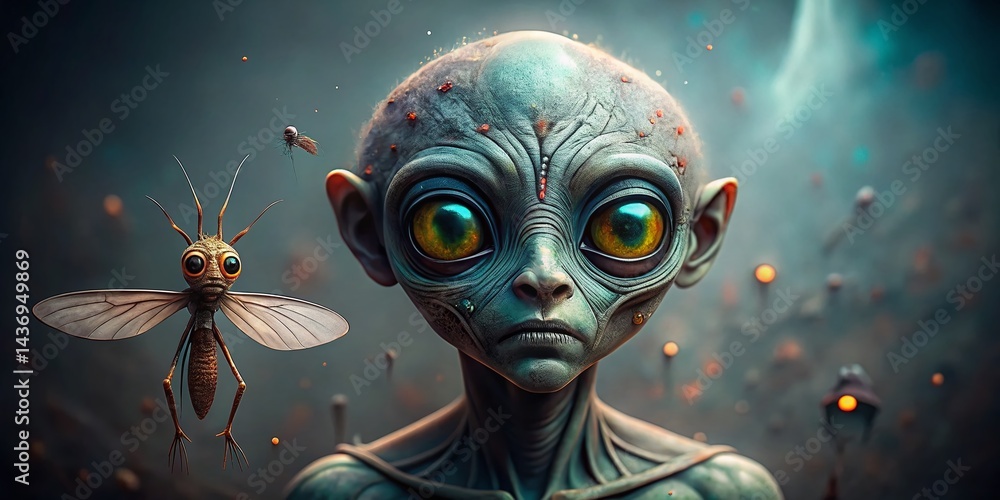 Sad Alien Hybrid Digital Portrait: Minimalist Grey Background Stock ...